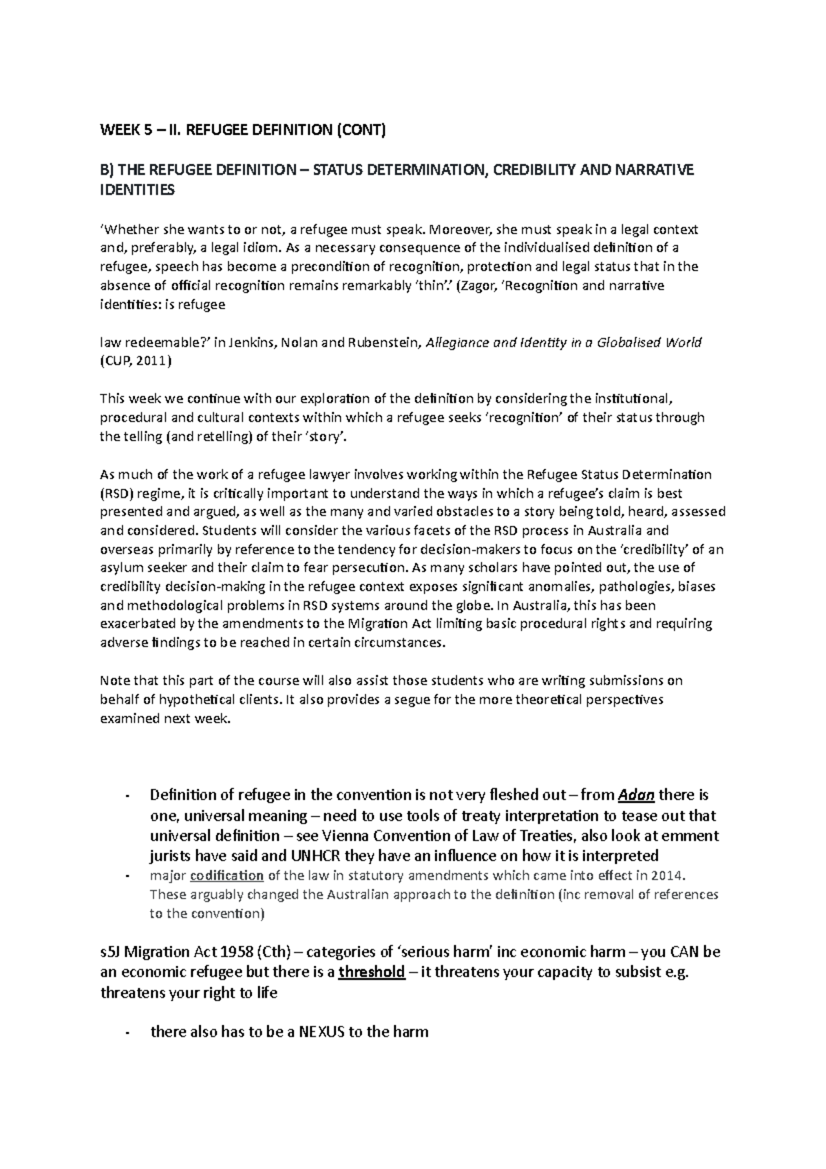 Week 5 Refugee Law notes - WEEK 5 – II. REFUGEE DEFINITION (CONT) B ...