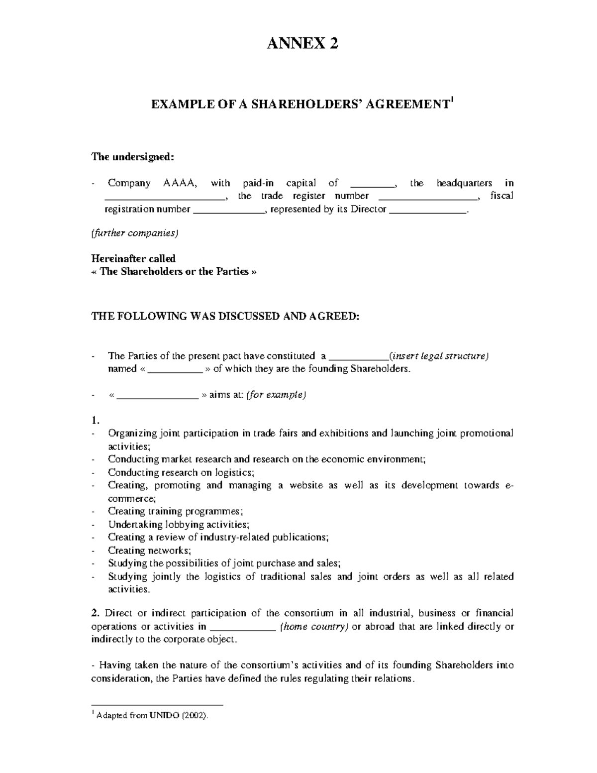 Annex 2 Example of a Shareholders Agreement 0 - ANNEX 2 EXAMPLE OF A ...
