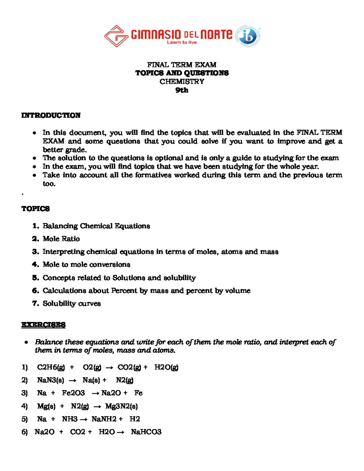 Chemistry+Topics( Final Term Exam) 9th - FINAL TERM EXAM TOPICS AND ...