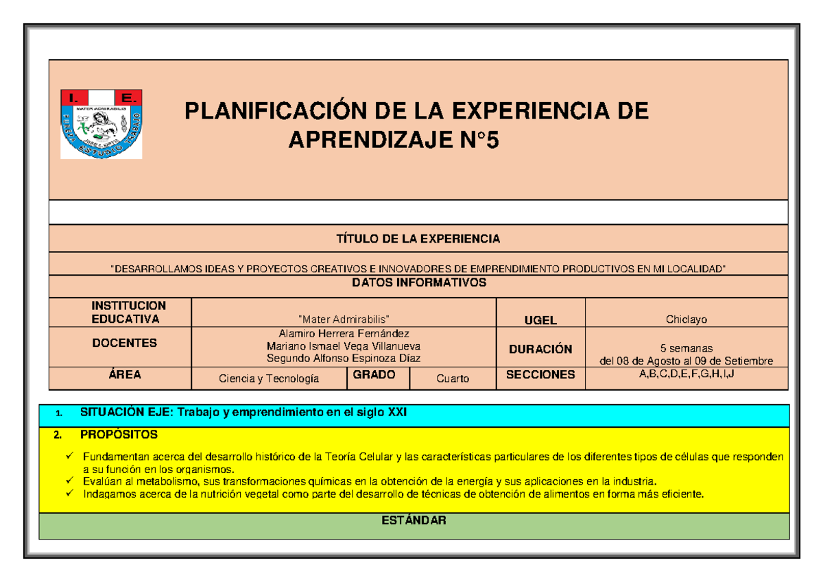 EDA 5 4º - ,MDF,M - PLANIFICACIÓN DE LA EXPERIENCIA DE APRENDIZAJE N ...