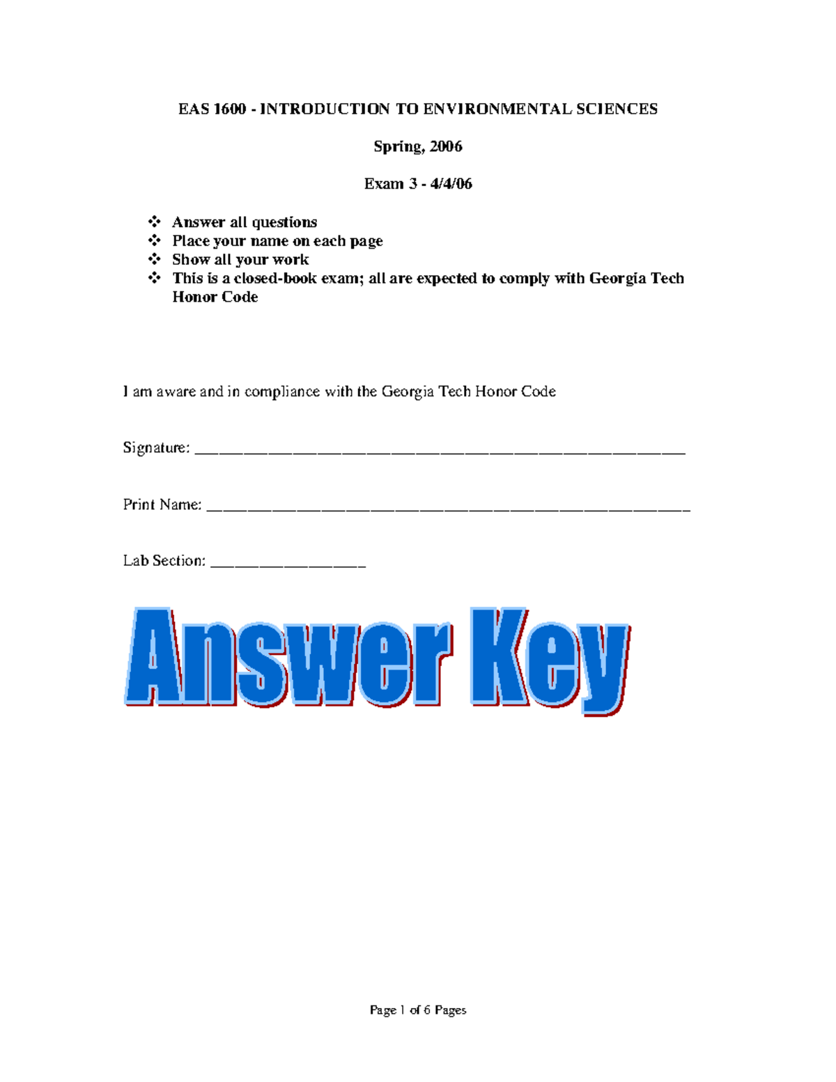 Key Exam3 Sp06 - Exam Solutions - EAS 1600 - INTRODUCTION TO ...