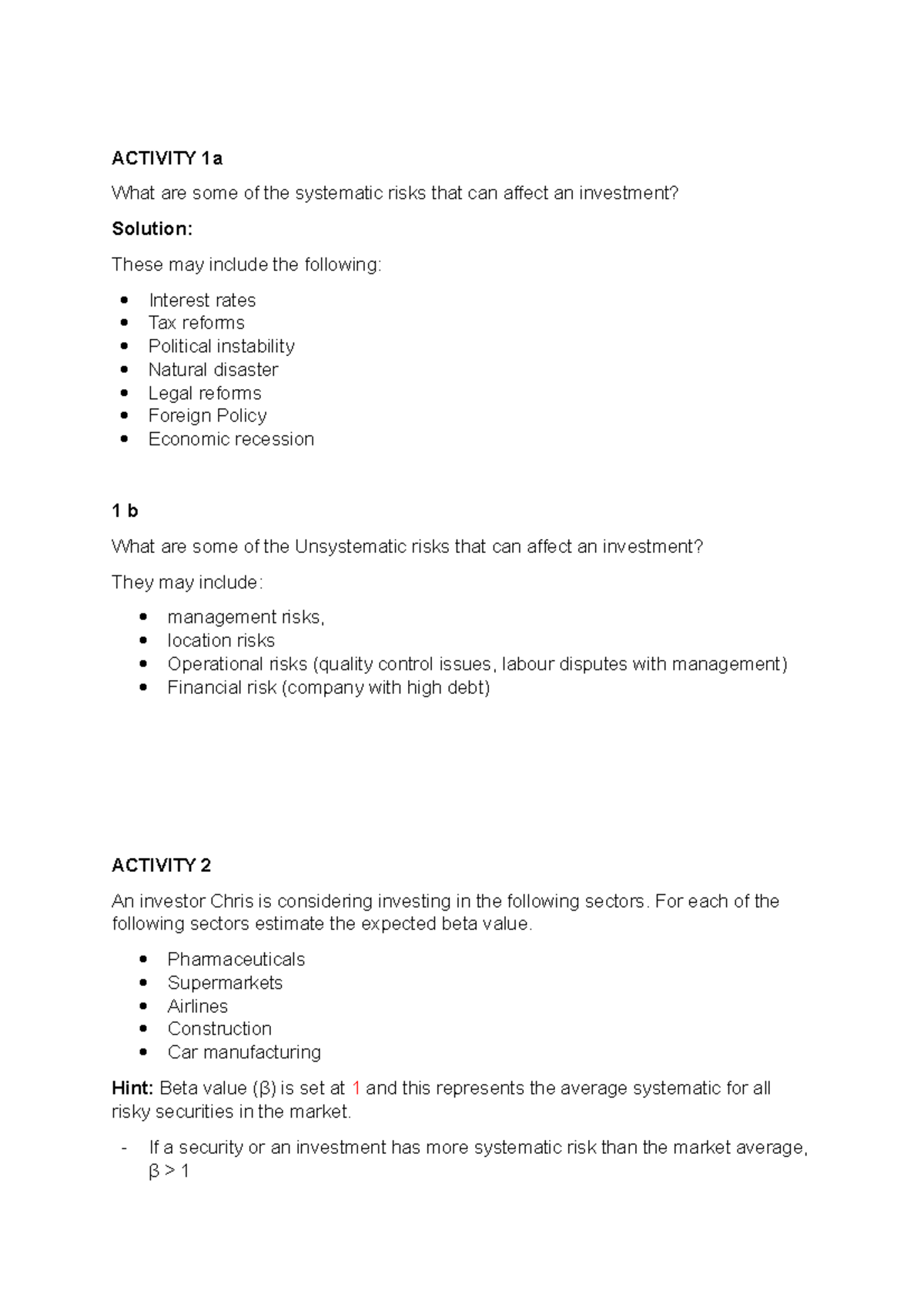 Activity on systematic risk - ACTIVITY 1a What are some of the ...