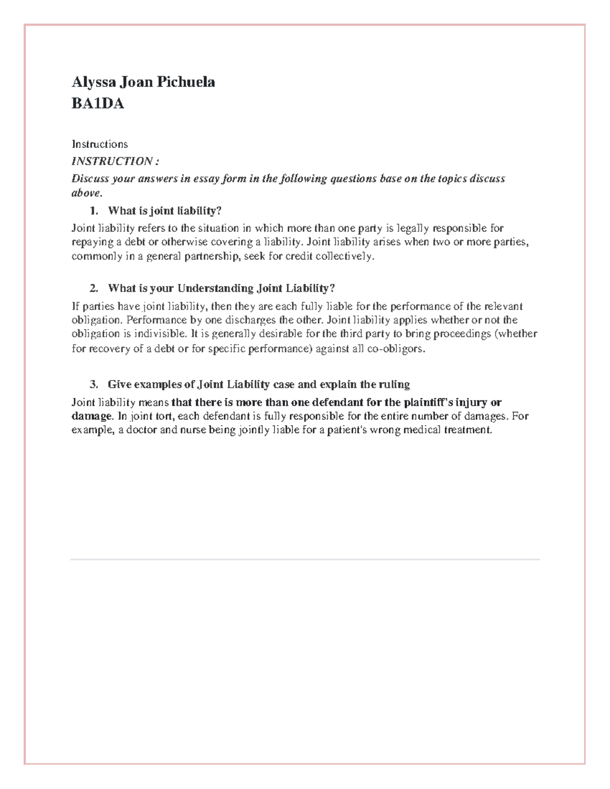 LAW ON OBLIGATIONS AND CONTRACT - Alyssa Joan Pichuela BA1DA ...