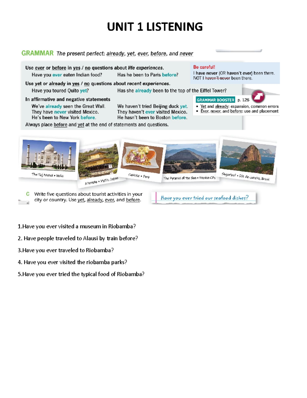 UNIT 1 Listening - TRABAJOS DE INGLES - UNIT 1 LISTENING 1 you ever ...