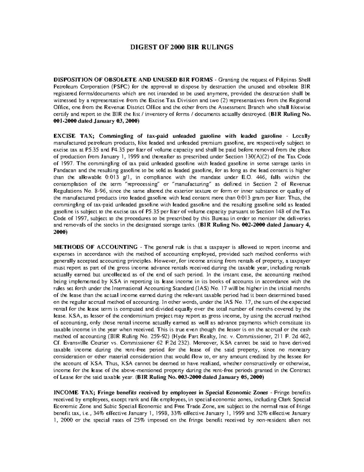 Rulings 2000 digest - DIGEST OF 2000 BIR RULINGS DISPOSITION OF ...