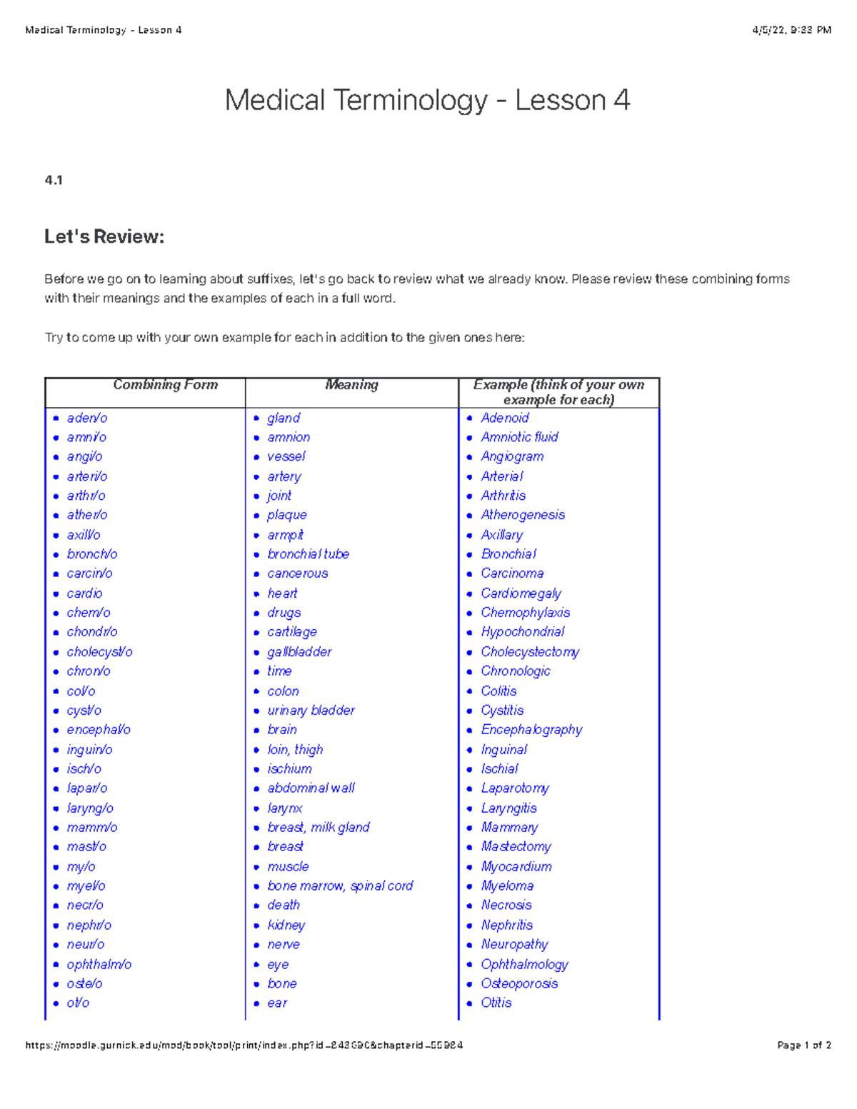Medical Terminology Lesson 4 Please Review These Combining Forms