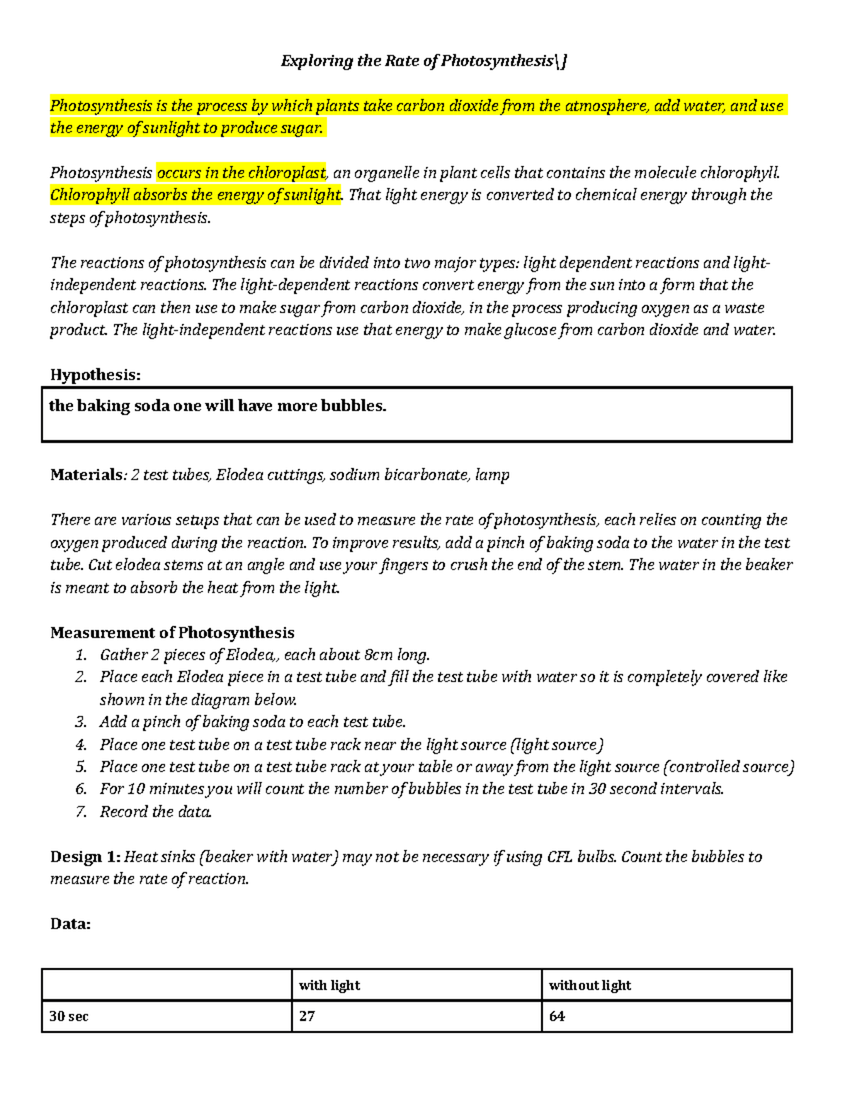 Rate of Photosynthesis Honors - Exploring the Rate of Photosynthesis ...