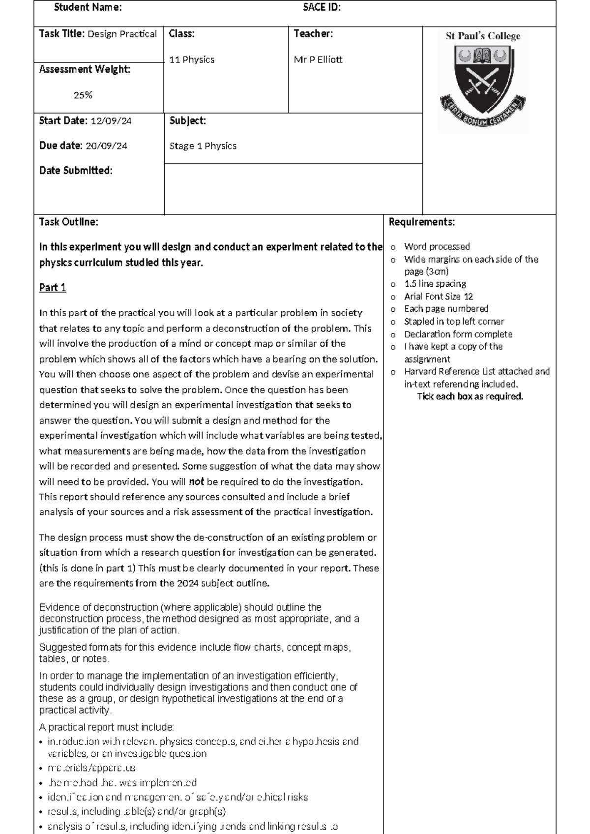 Design prac task sheet S1 2024 - Student Name: SACE ID: Task Title ...