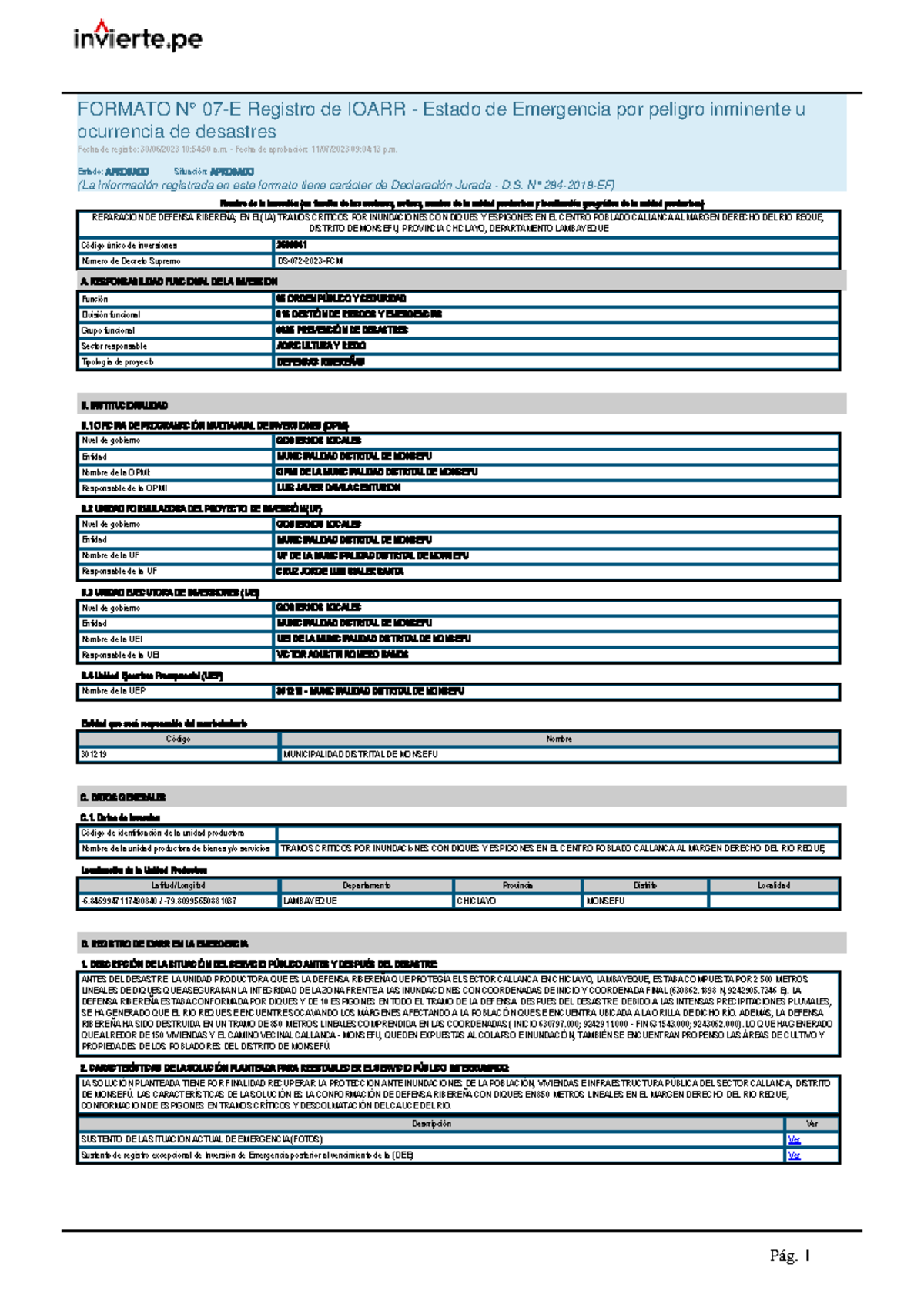 Ioarr Emergencia Monsefu - Callanca - Nombre De La Inversión (en 