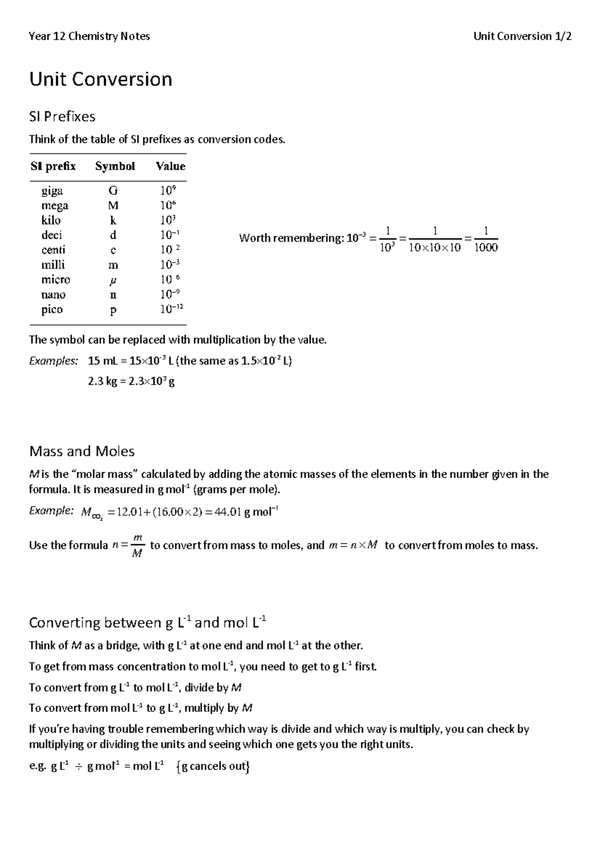 Unit-Conversion - omregning af enheder - Year 12 Chemistry Notes Unit ...