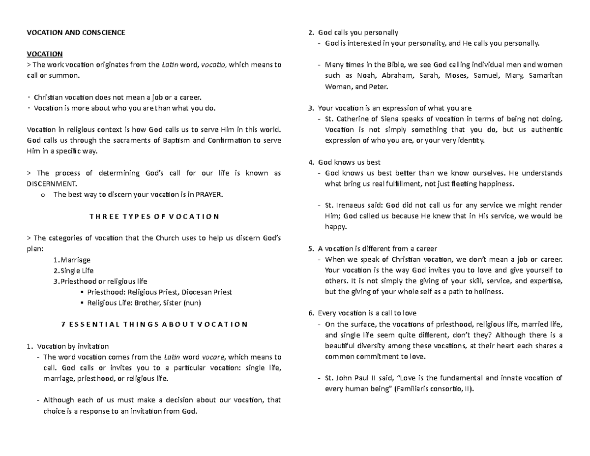 Vocation AND Conscience - VOCATION AND CONSCIENCE VOCATION The work ...