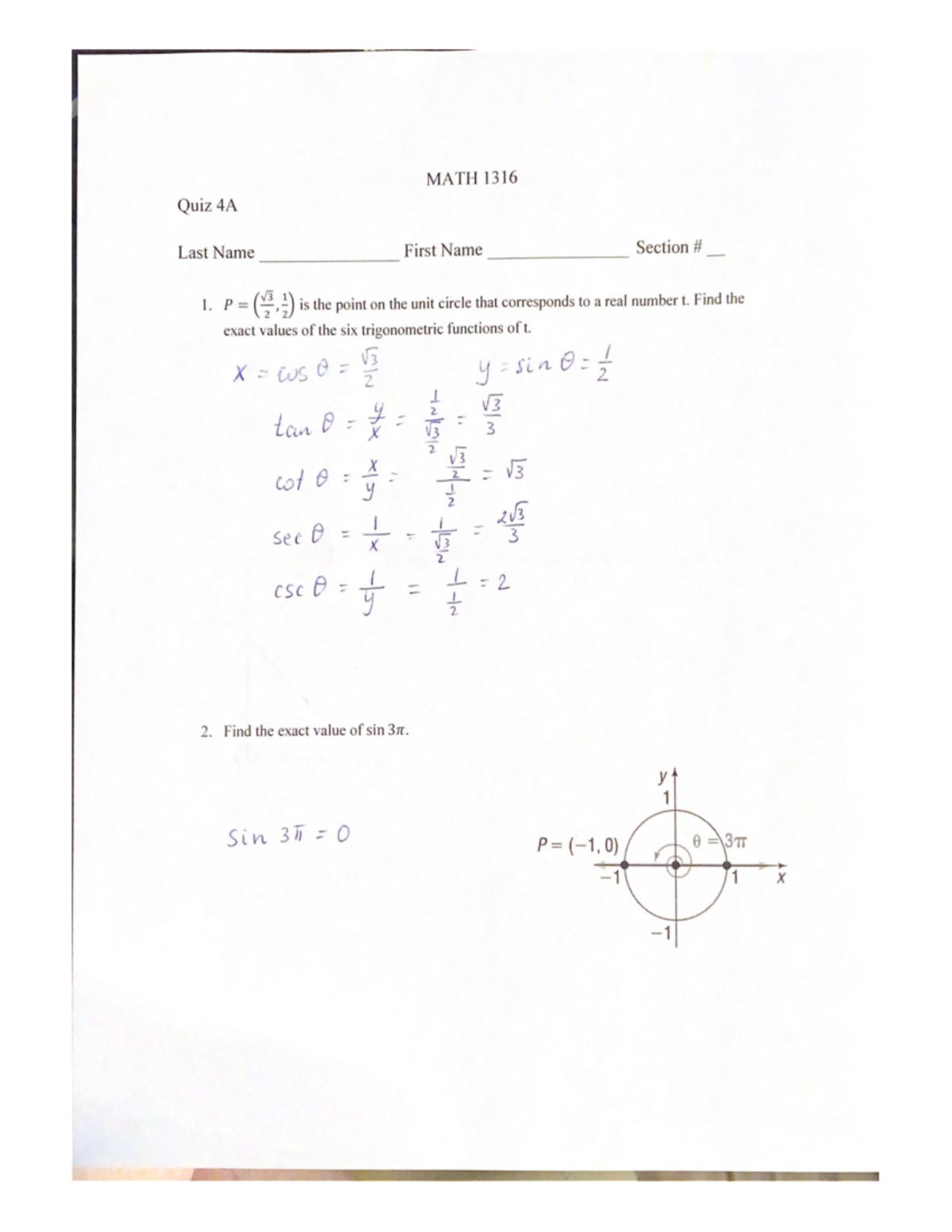 Quiz 4 keys - practice materials for trigonometry - MATH 1316 - Studocu