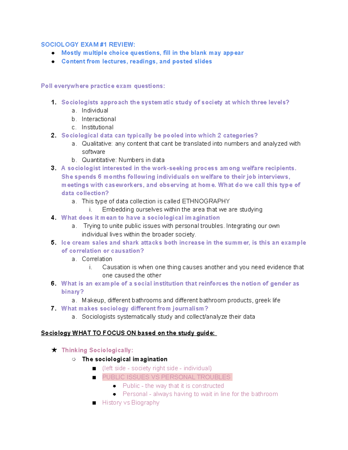 SOCI EXAM 1 Review - SOCIOLOGY EXAM #1 REVIEW: Mostly multiple choice ...