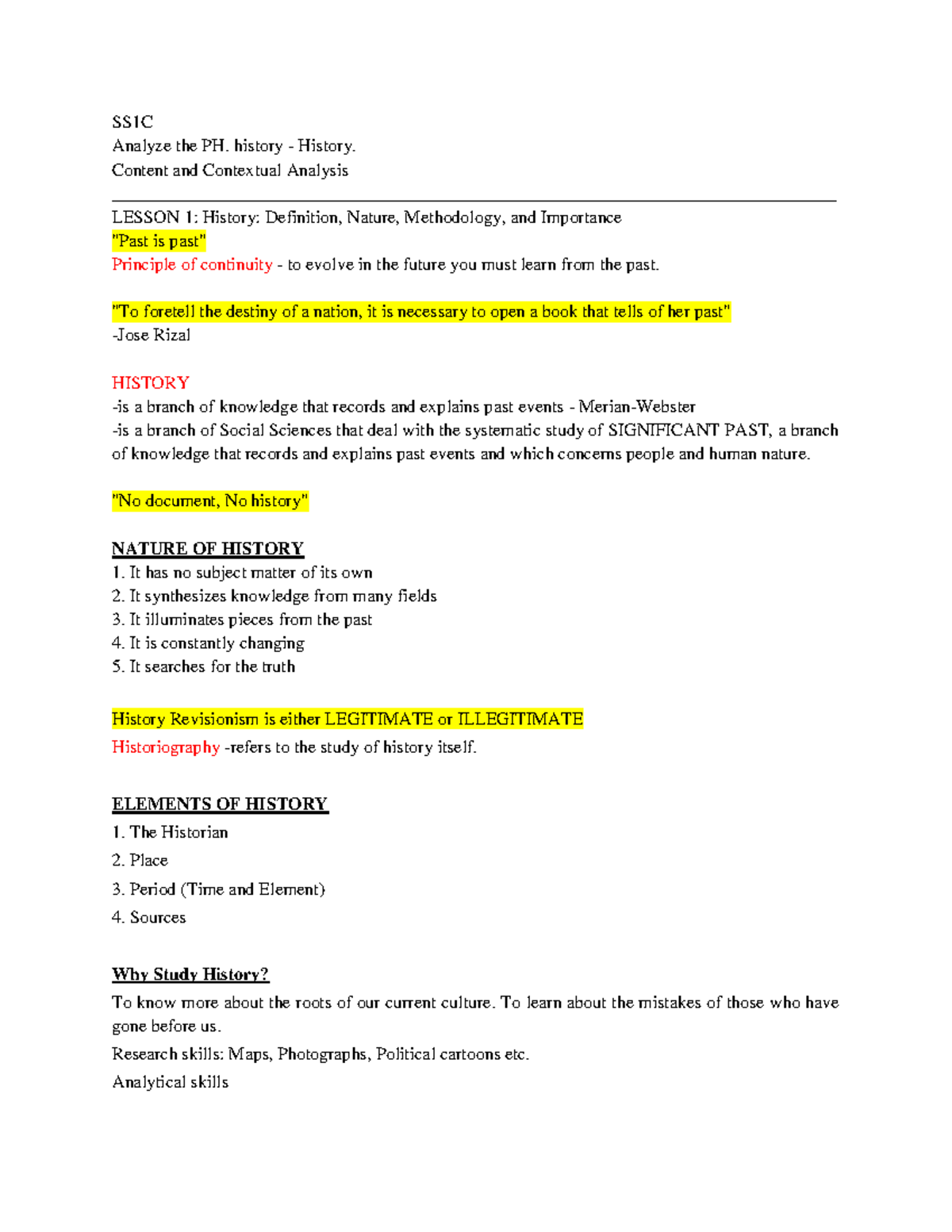 SS1C Midterm Notes 1 - SS1C Analyze the PH. history - History. Content ...