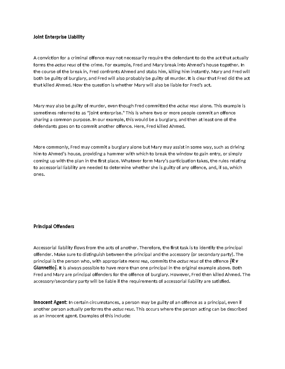 Joint Enterprise Liability - For example, Fred and Mary break into ...