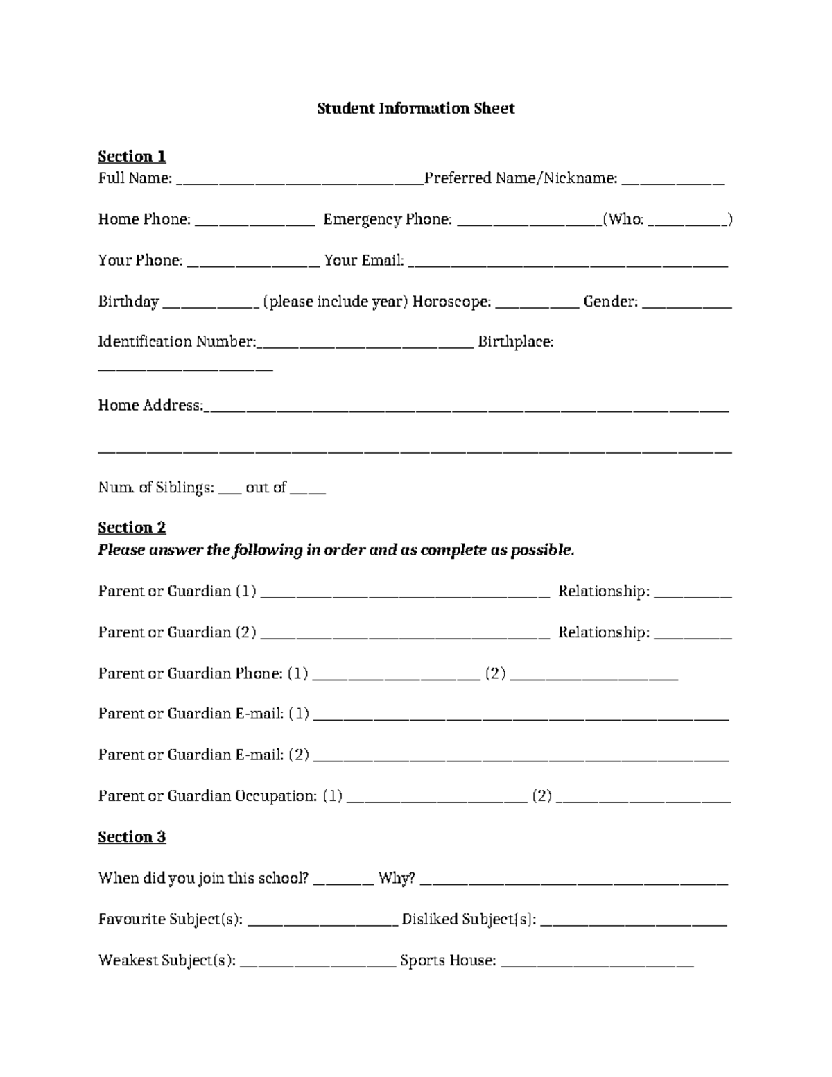 Tutor WARD - Profile Sheet - Student Information Sheet Section 1 Full ...