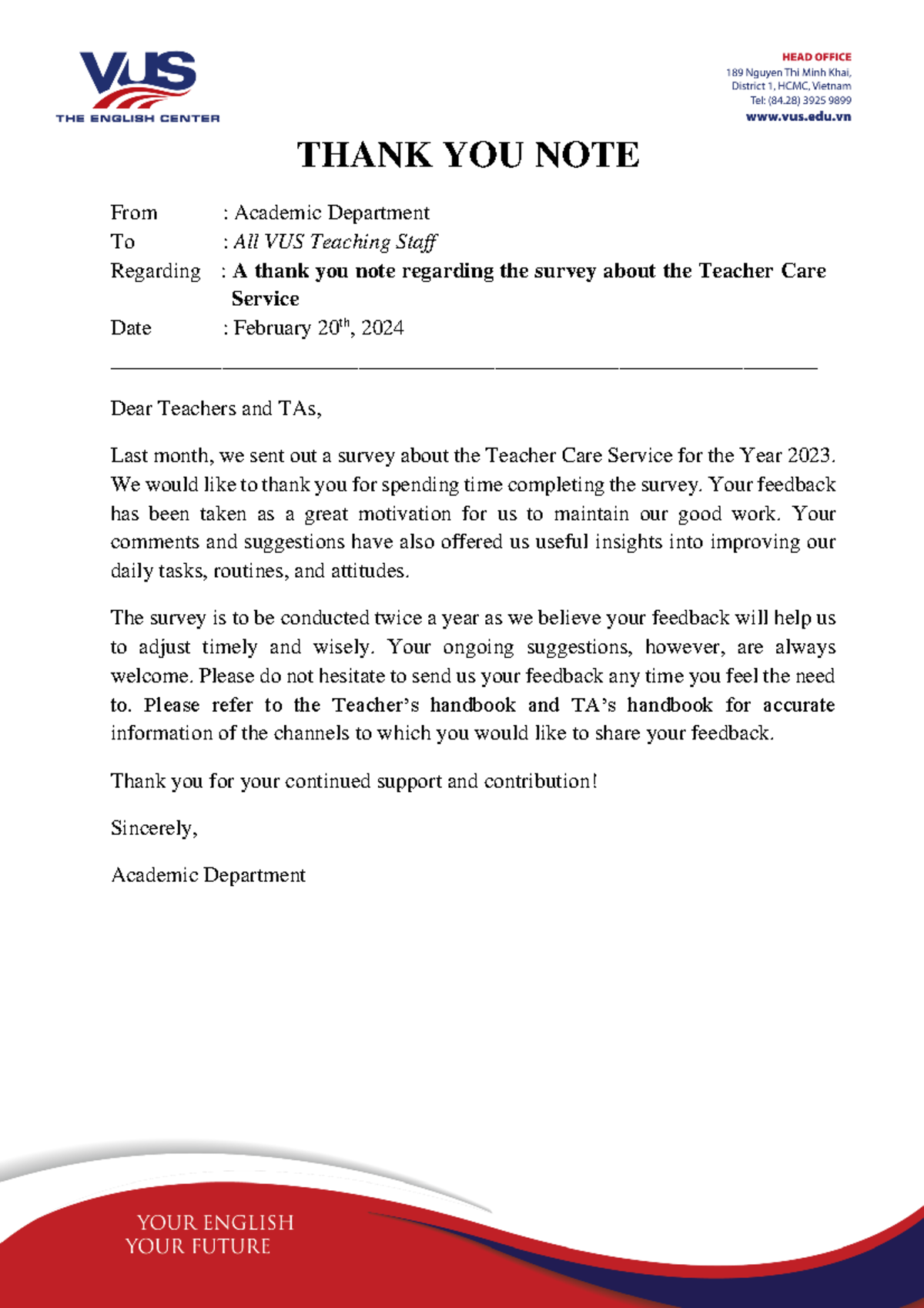 Memo - Survey about the TC Service - Thank you note - THANK YOU NOTE ...