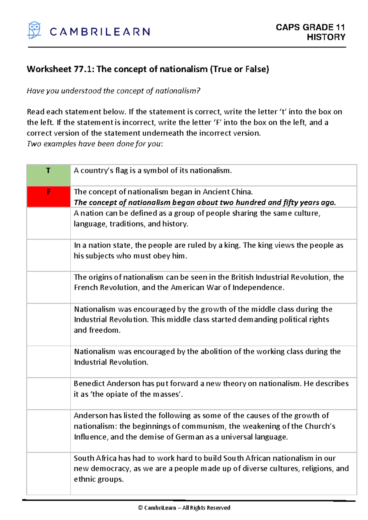 Worksheet 77.1 The concept of nationalism - CAPS GRADE 1 1 HISTORY ...