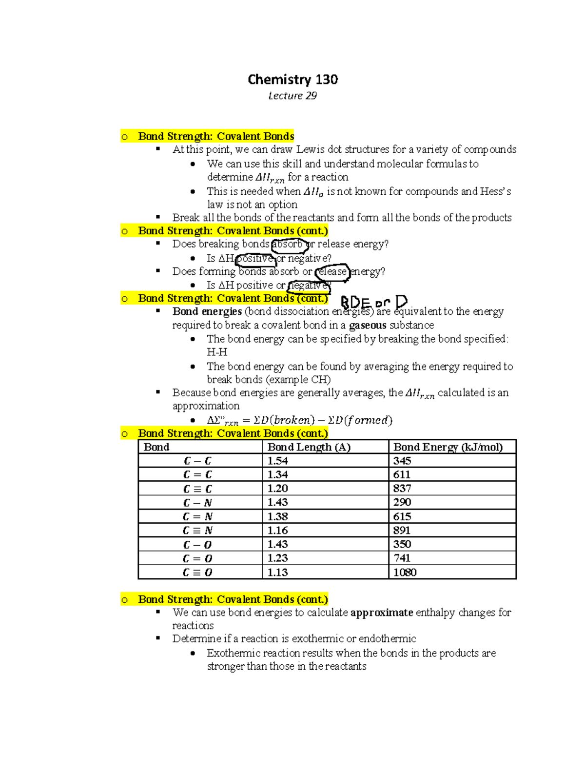 [7.5] Chemistry 130 Notes Lecture 29 - Chemistry 130 Lecture 29 o Bond ...