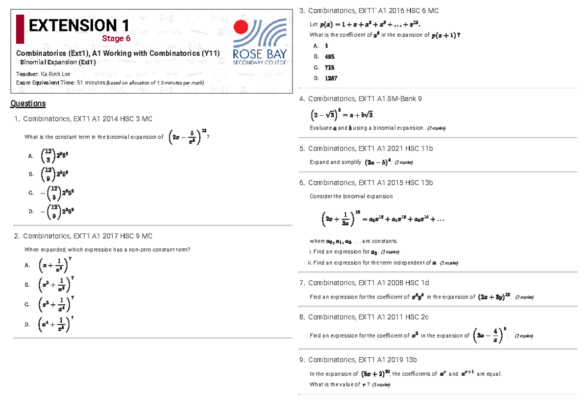 HSC Question - Binomial Expansion - 1. Combinatorics, EXT1 A1 2014 HSC 3 MC 2. Combinatorics ...