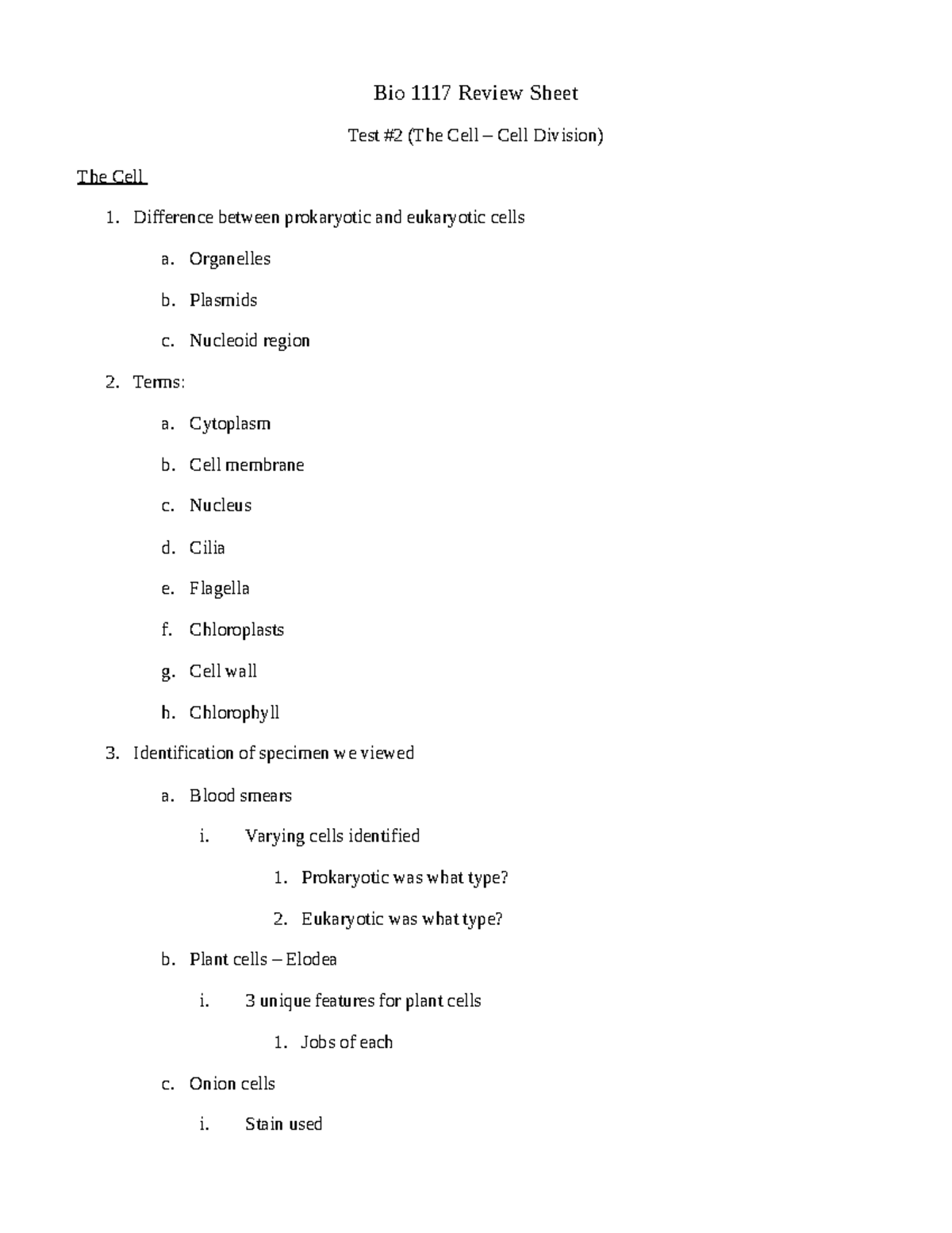 Bio1117Review Sheet Lab Exam 2Revised 081417 - Bio 1117 Review Sheet ...