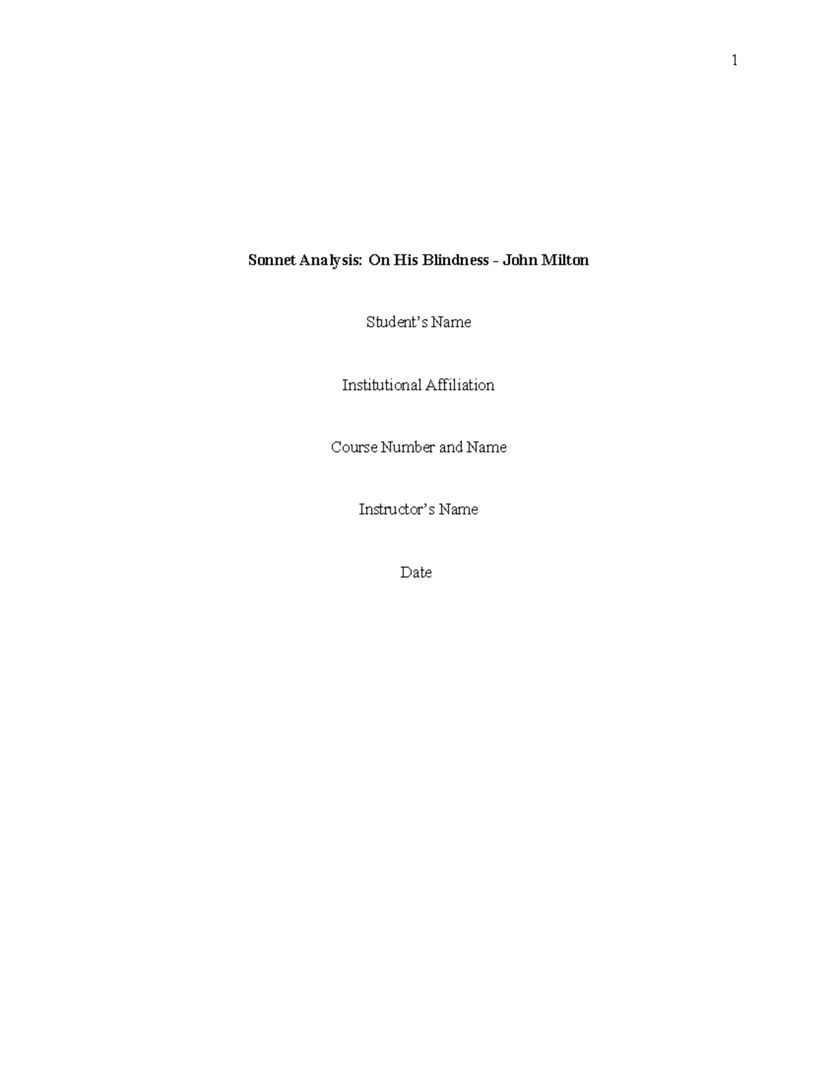 Sonet Poetry Analysis - 1 Sonnet Analysis: On His Blindness - John ...