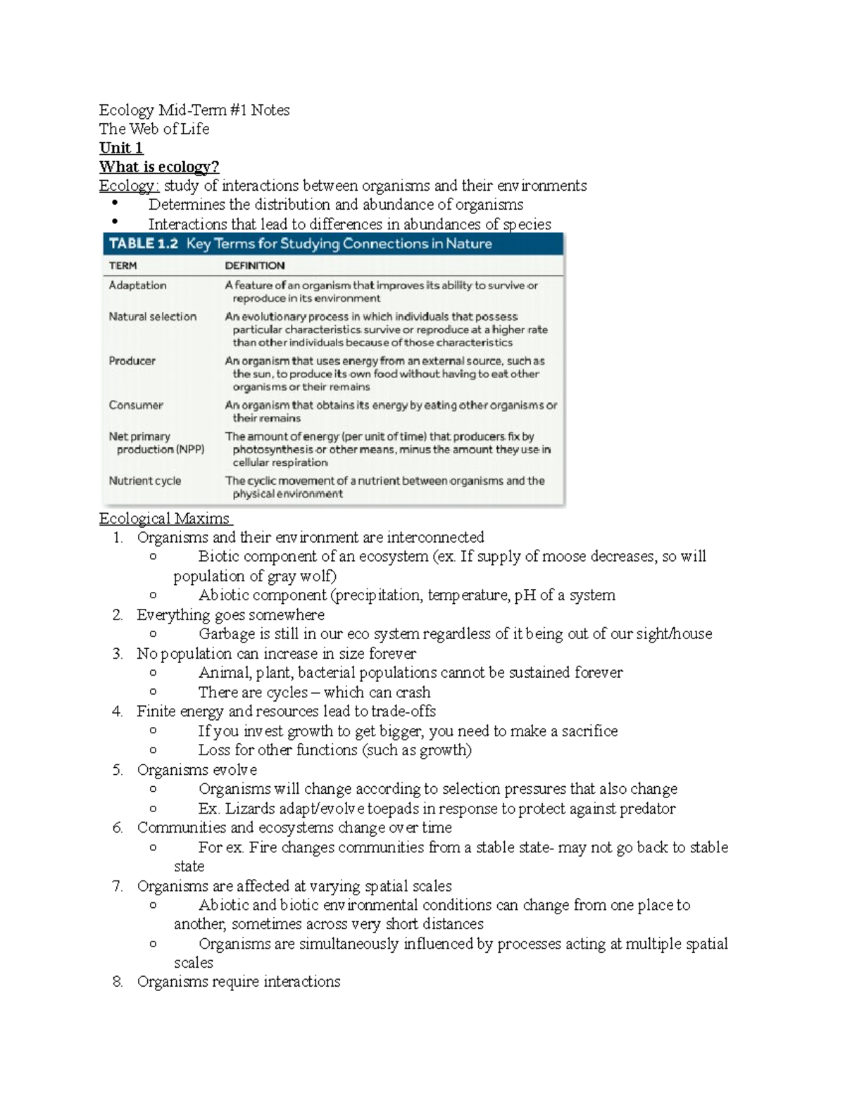 Ecology Mid-term Notes - Ecology Mid-Term #1 Notes The Web of Life Unit ...