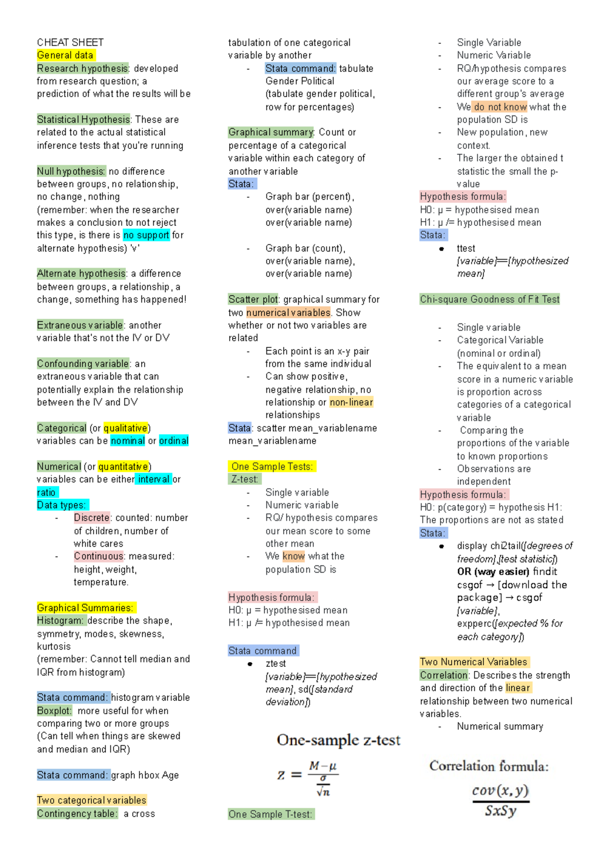 Cheat Sheet STAT - CHEAT SHEET General data Research hypothesis ...
