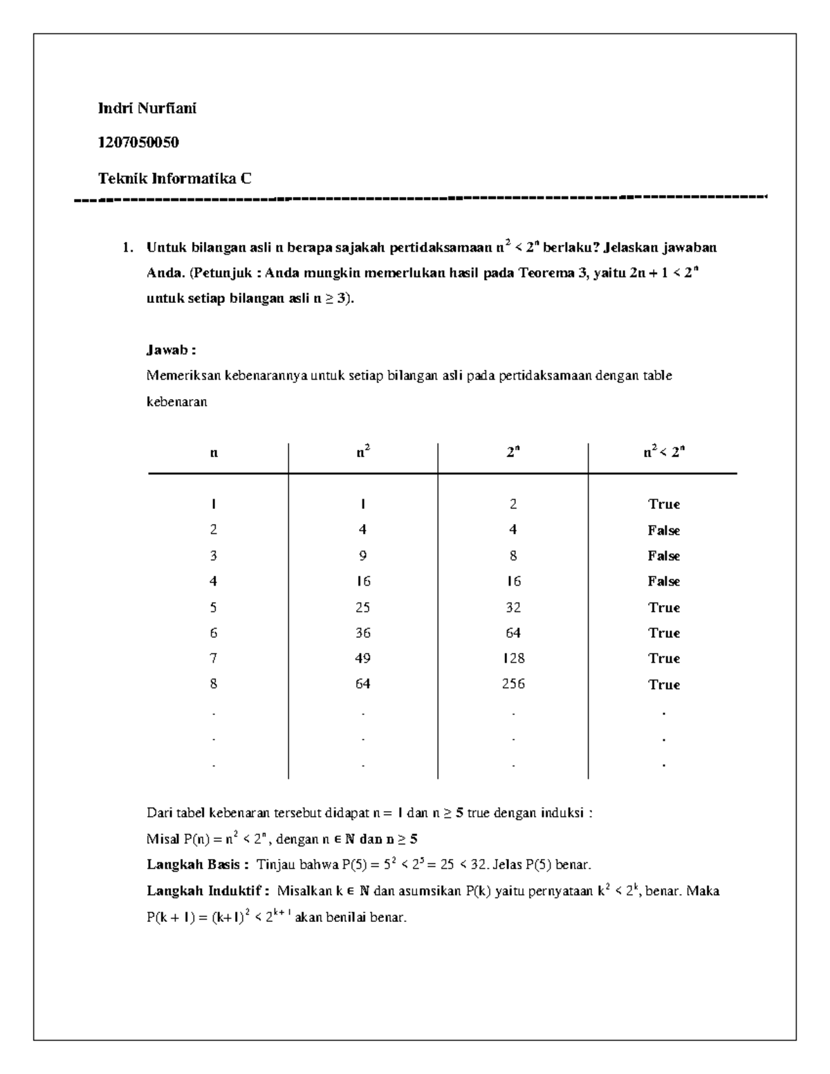Latihan Soal Induksi Matematika - Indri Nurfiani 1207050050 Teknik Informatika C Untuk bilangan ...