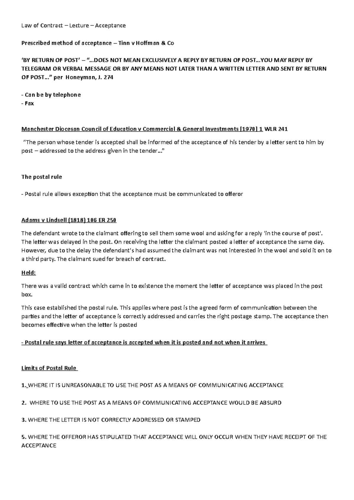 Law Contract Acceptance postal rule lecture - Law of Contract – Lecture ...