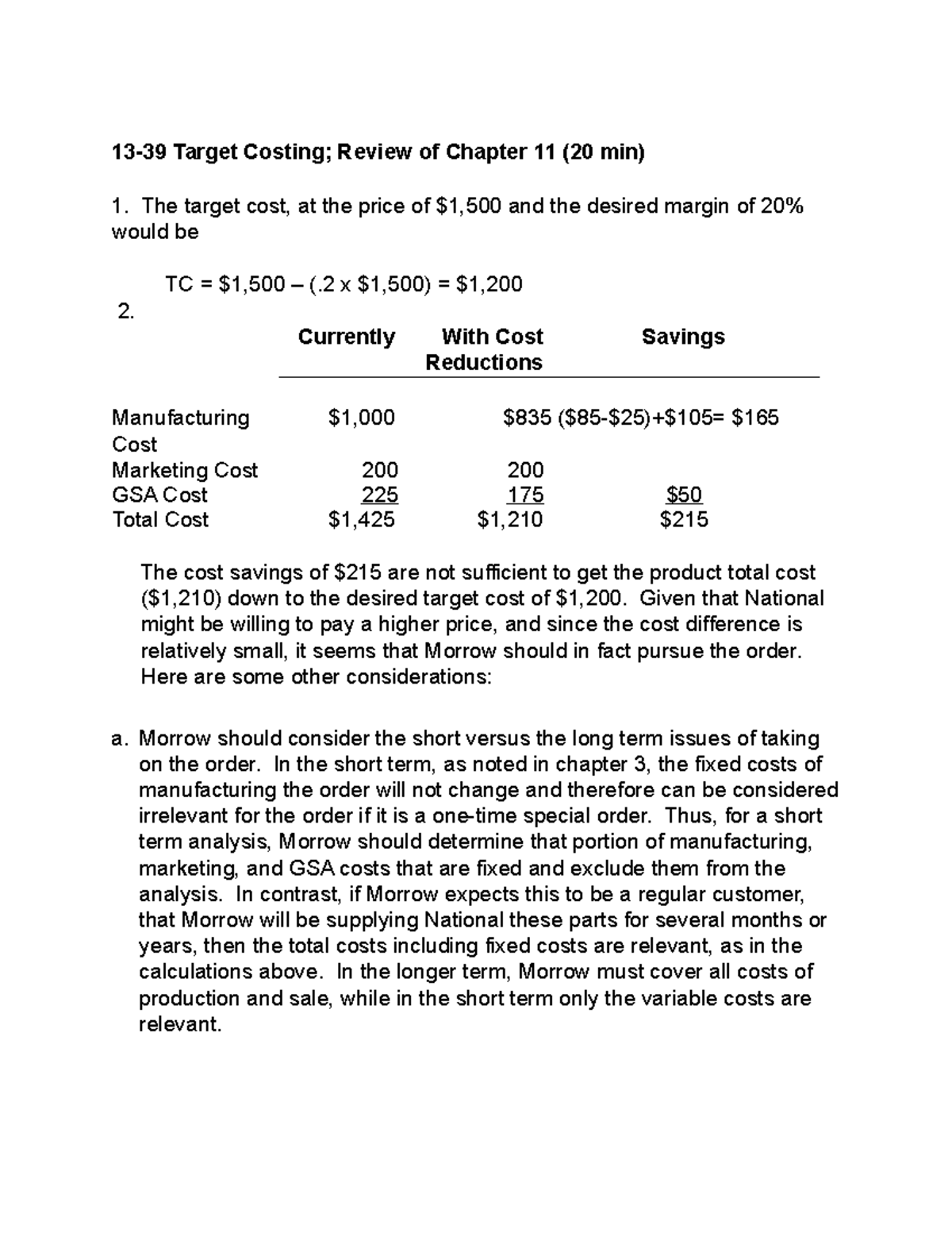 Ch 13 Homework Solution - 13-39 Target Costing; Review of Chapter 11 ...