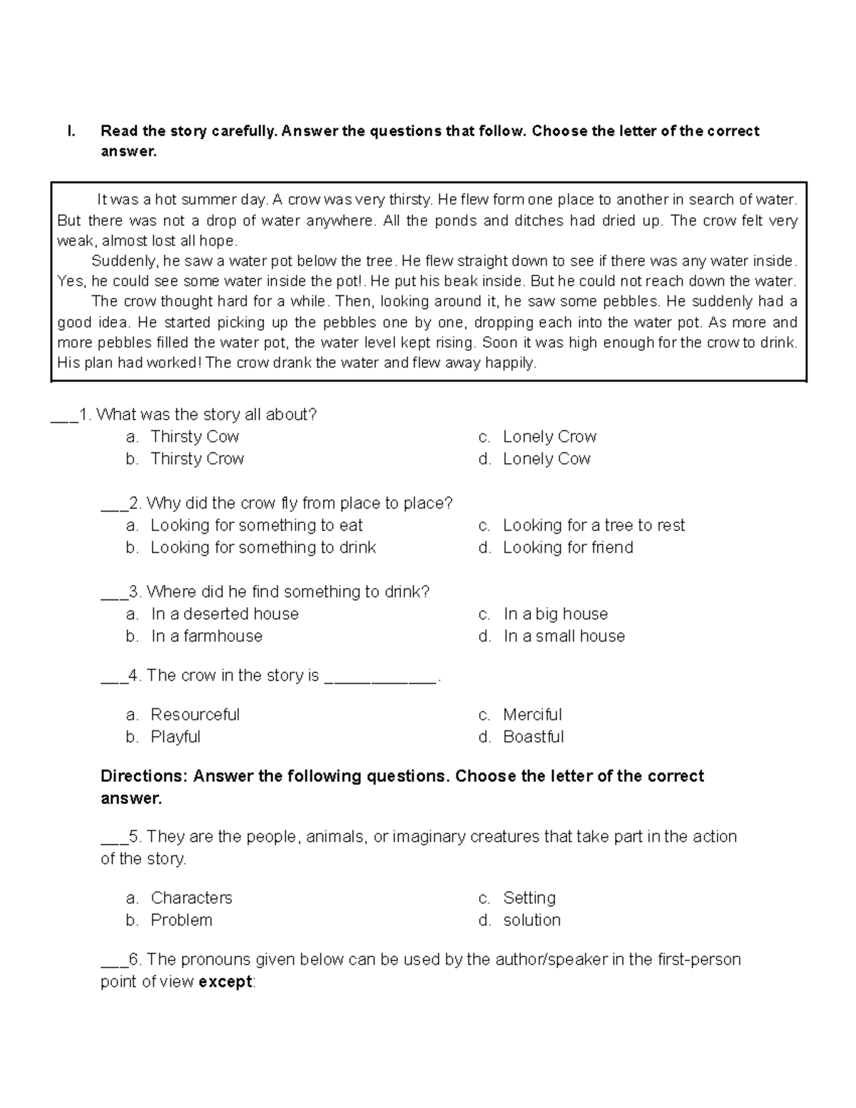 Grade 4 Exam - I. Read the story carefully. Answer the questions that ...
