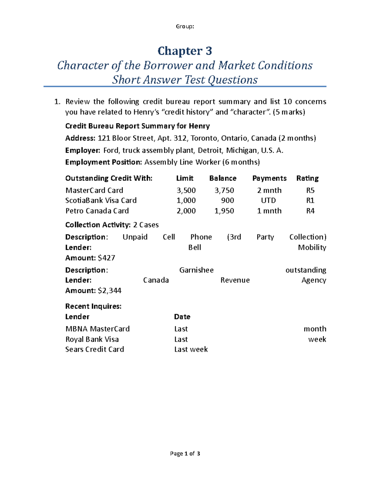 Short Ans Q Ch03 - consumer credit - Group: Chapter 3 Character of the Borrower and Market - Studocu