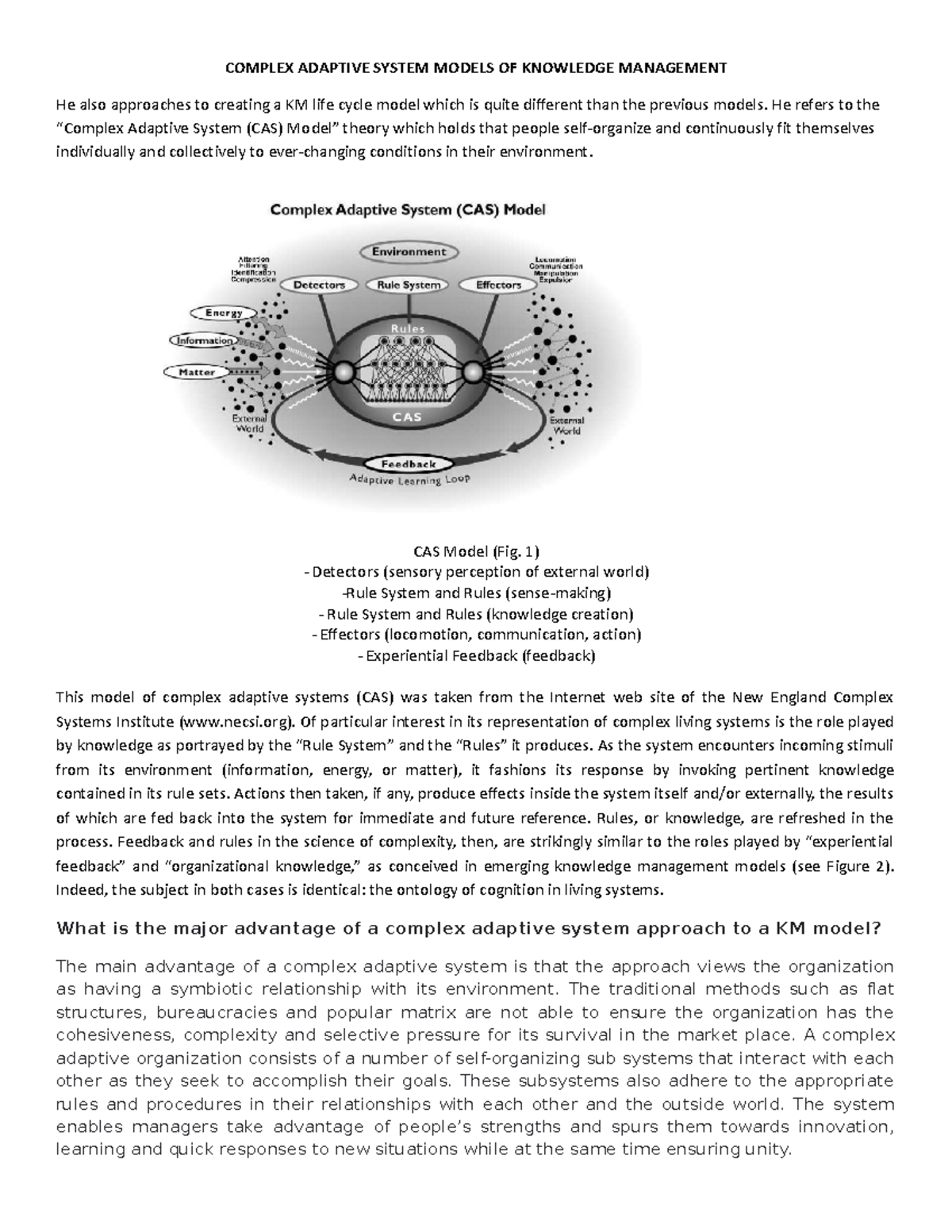 Complex Adaptive System Models OF Knowledge Management - COMPLEX ...