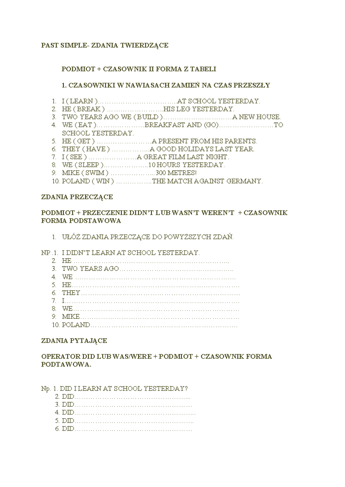 PAST- Simple- Exercices-klasa-V - PAST SIMPLE- ZDANIA TWIERDZĄCE ...