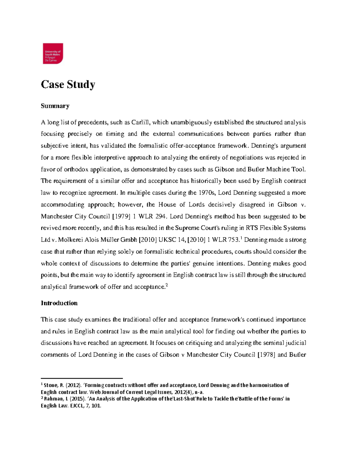 Contract LAW - Case Study Summary A long list of precedents, such as ...