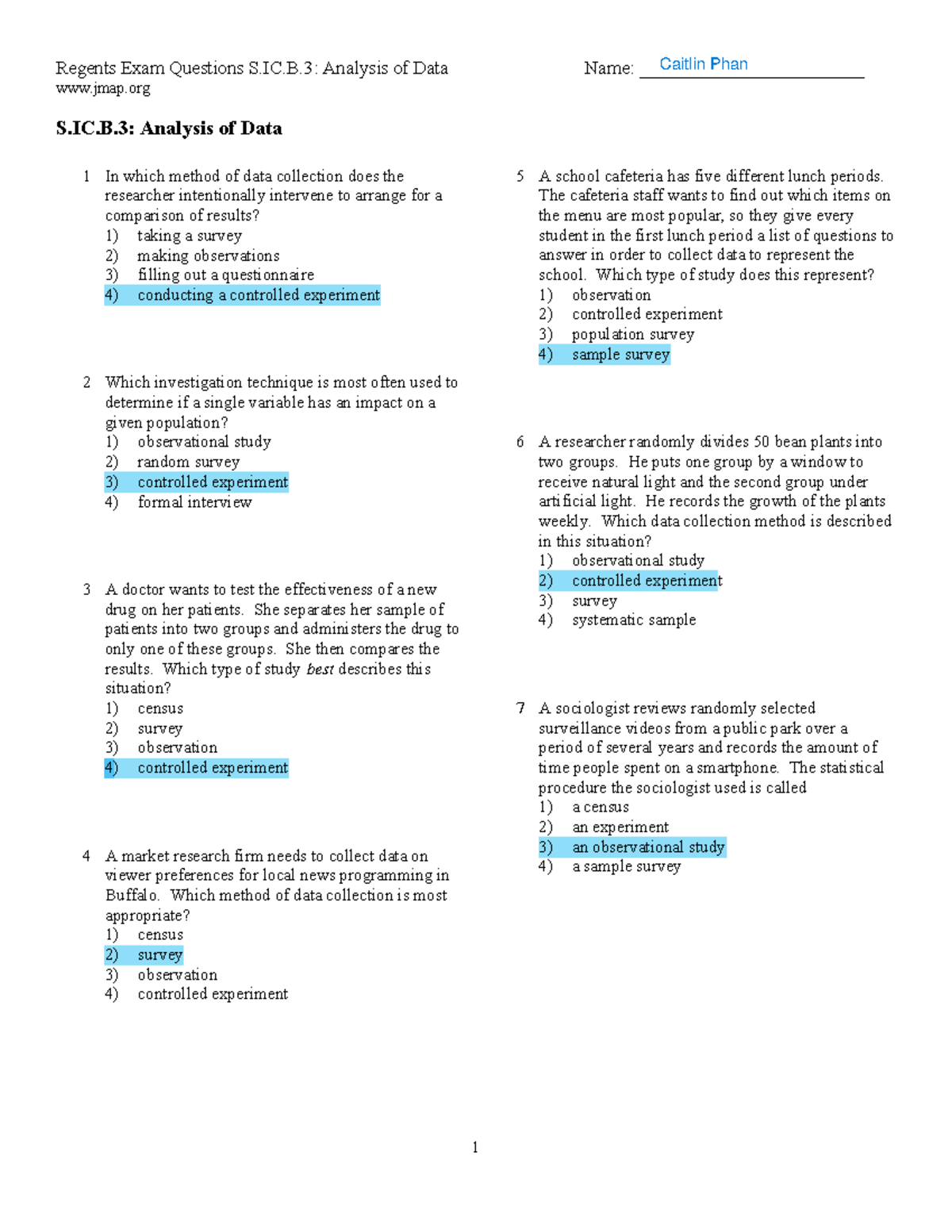 Stats wk2day1 S.IC.B - blah bllah - Regents Exam Questions S.IC.B ...