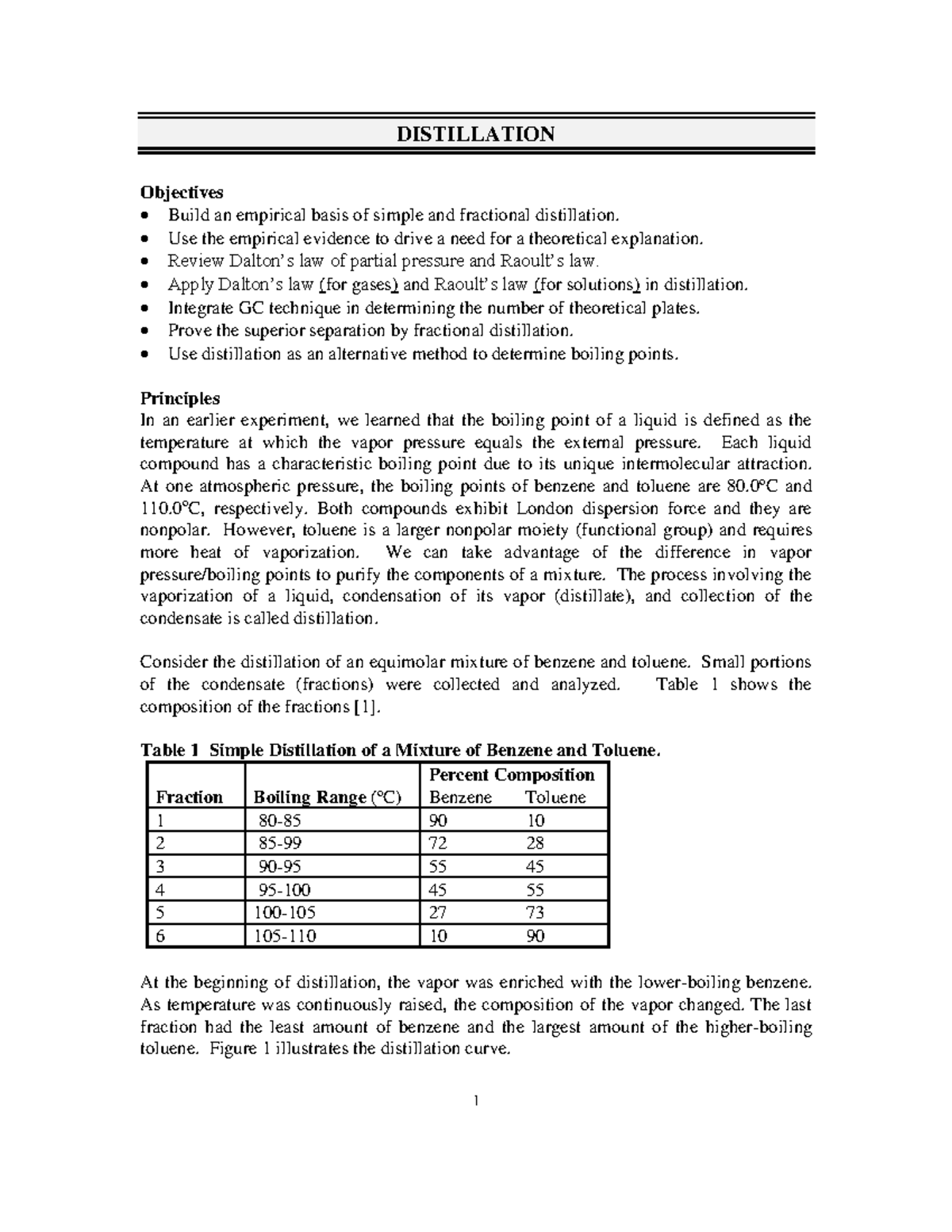 Distillation Lab - Lab - DISTILLATION Objectives Build an empirical basis of simple and ...