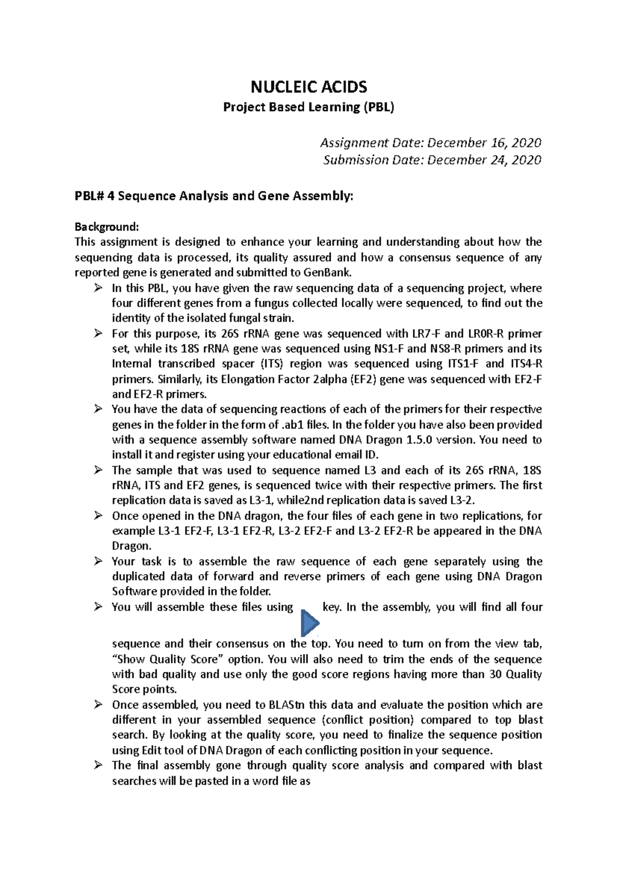 PBL#4 Sequence Analysis and Gene Assembly 16Dec2020 - NUCLEIC ACIDS ...