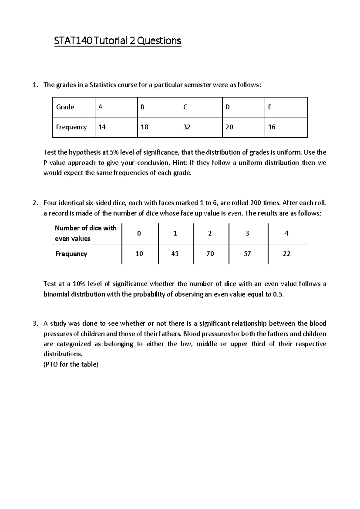 Tutorial 2 Questions(Ch2 GOF Tests) - STAT140 Tutorial 2 Questions The ...