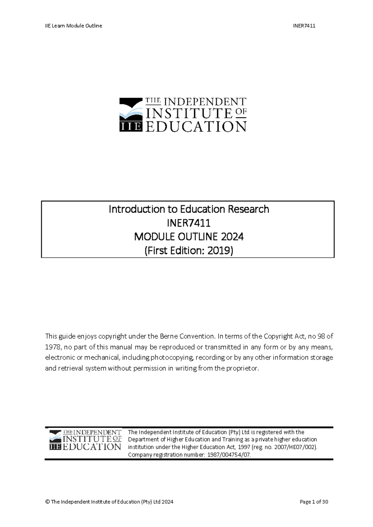 INER7411 MO - Research - Introduction to Education Research INER MODULE OUTLINE 2024 (First ...