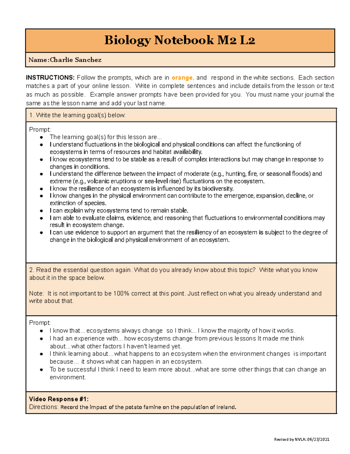 Copy of M2 L2 Notebook - Biology Notebook M2 L Name:Charlie Sanchez ...