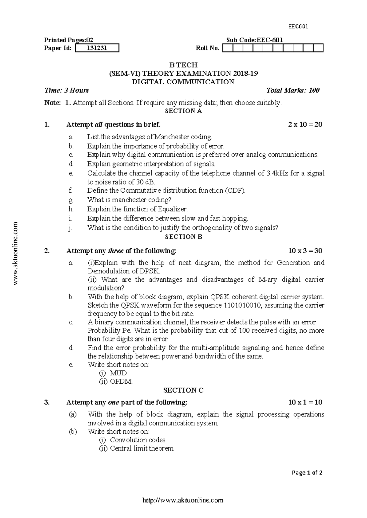 Btech ec 6 sem digital communication eec 601 2019 - EEC 601 Page 1 of 2 Printed Pages:02 Sub ...