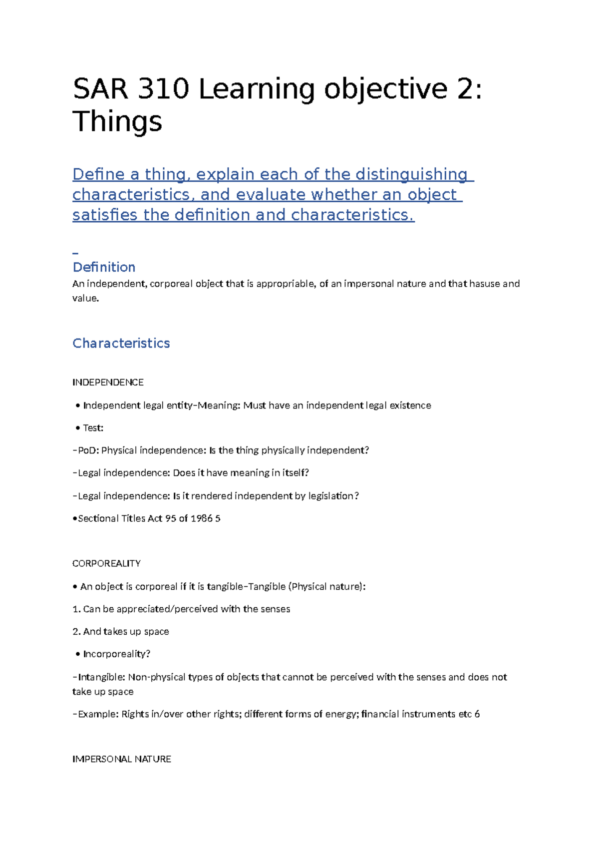 SAR 310 Learning objective 2 - SAR 310 Learning objective 2: Things Define a thing, explain each ...