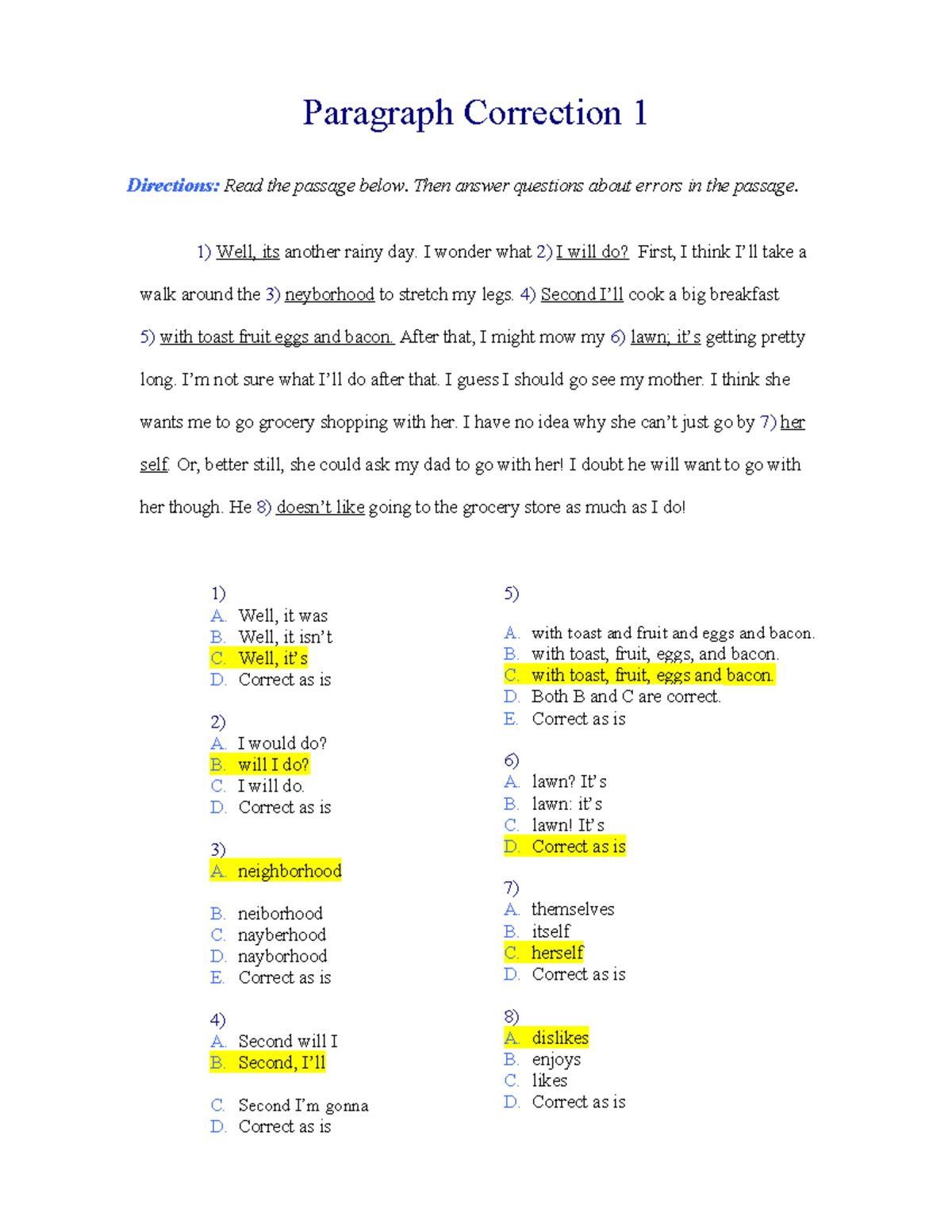 intermediate paragraph correction - Directions: Read the passage below ...