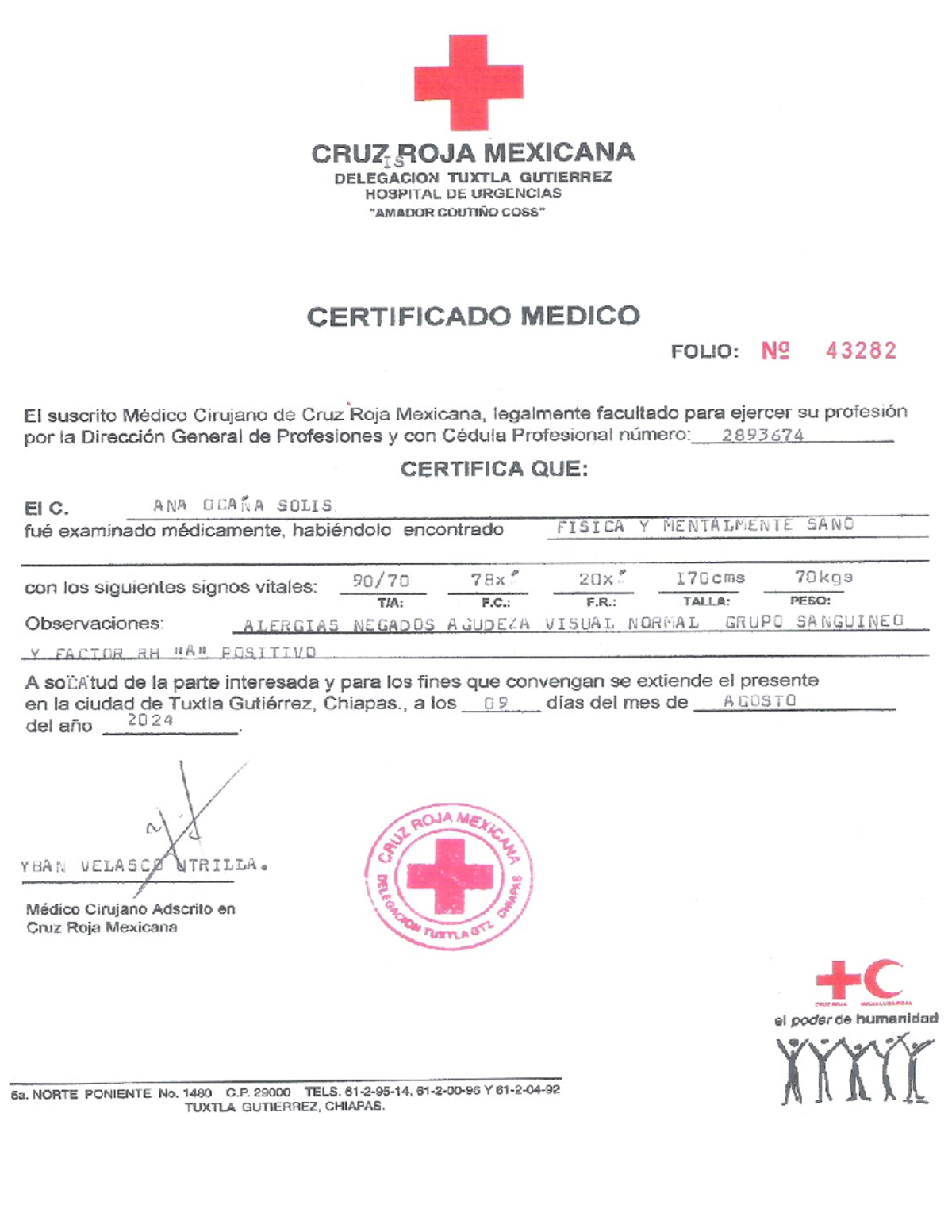 Certificado medico - CRUZ IS ROJA MEXICANA DELEGACION TUXTLA GUTIERREZ HOSPITAL DE URGENCIAS ...