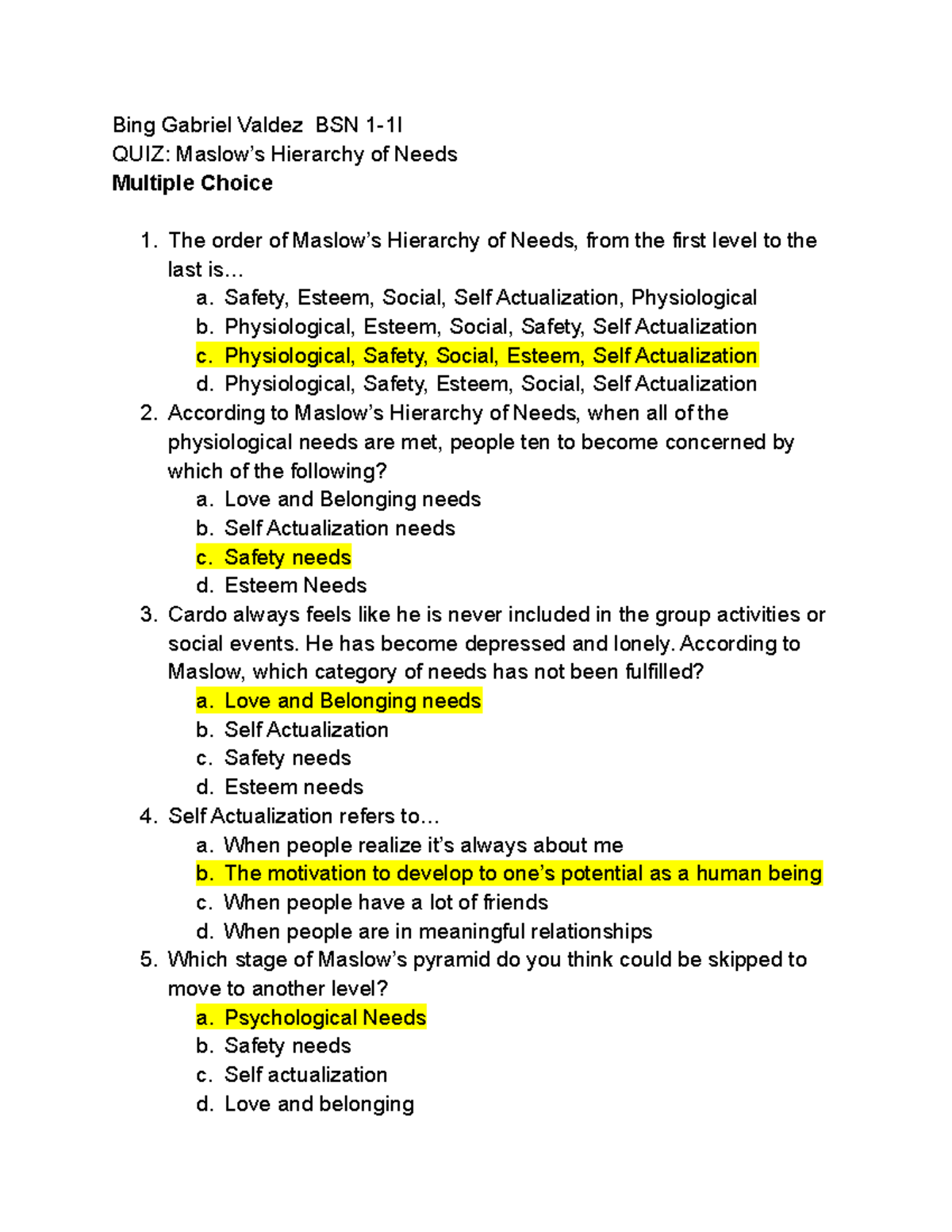 Maslow's Hierarchu of Needs Quiz - Bing Gabriel Valdez BSN 1-1I QUIZ ...