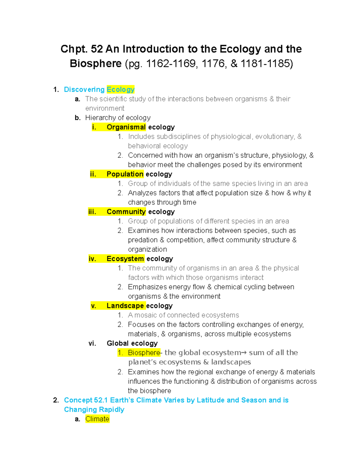BIO 115 chpt 52 notes - Chpt. 52 An Introduction to the Ecology and the ...