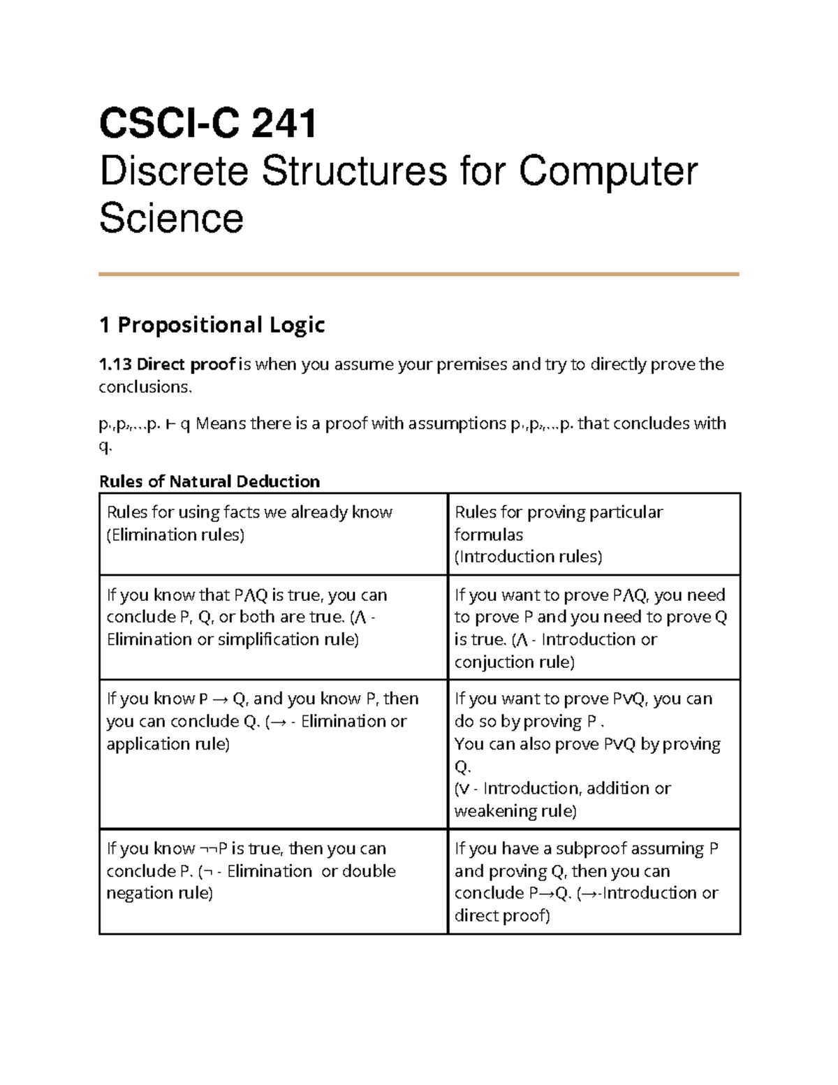Propositional Logic 1.13 Direct Proof: Rules of Natural Deduction - CSCI-C 241 Discrete ...
