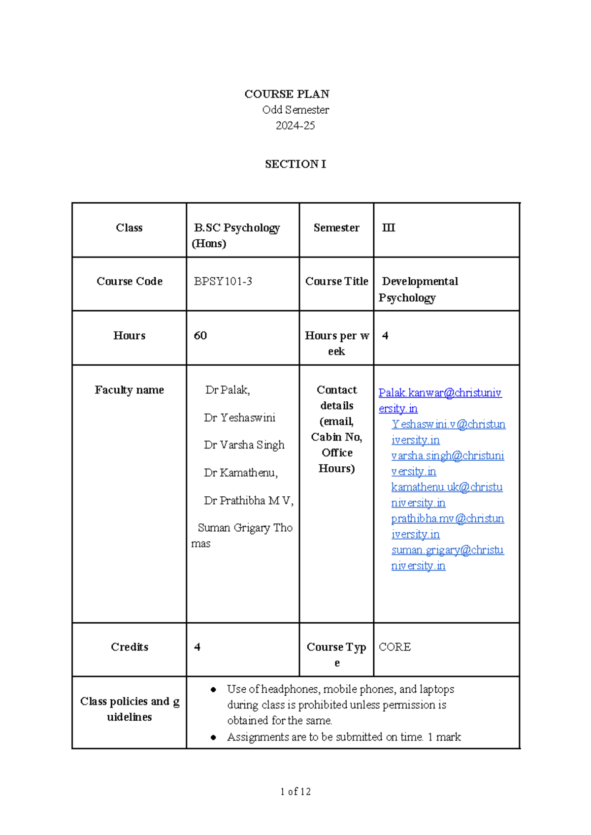 Developmental Psychology course plan for uploading - COURSE PLAN Odd ...